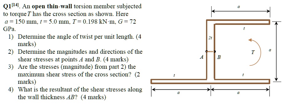 q14 an open thin wall torsion member subjected to torque t has the ...