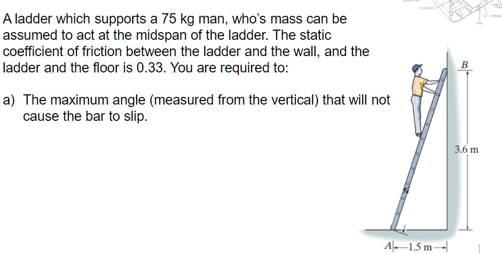 A ladder which supports a 75 kg man, who's mass can be assumed to act ...