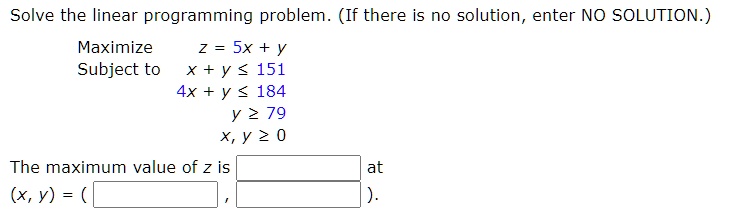 Solve the linear programming problem. (If there is no solution, enter NO SOLUTION.) Maximize z ...