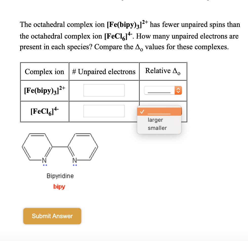 SOLVED: The octahedral complex ion [Fe(bipy)3]2+ has fewer unpaired ...