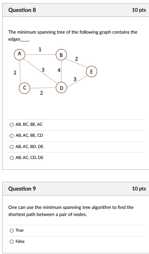 SOLVED: Question 8 10 pts The minimum spanning tree of the following ... SOLVED: Question 8 10 pts The minimum spanning tree of the following ...