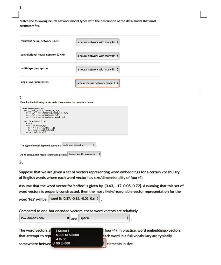 SOLVED: Match the following neural network model types with the ...