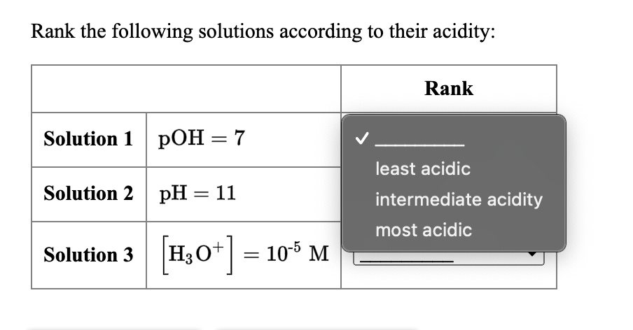 SOLVED: Rank the following solutions according to their acidity: Rank ...