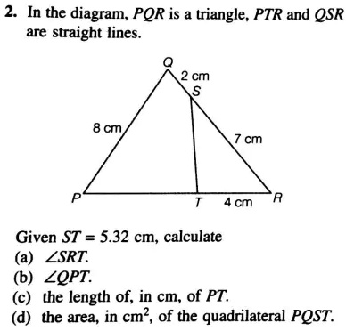 In the diagram, PQR is a triangle, PTR and QSR are straight lines ...