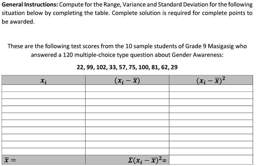 general instructions compute for the range variance and standard deviation for the following ...
