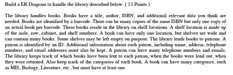 Build an ER Diagram to handle the library described below. 15 Points ...