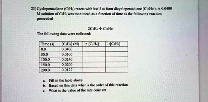 23) Cyclopentadiene (C5H6) reacts with itself to form dicyclopentadiene ...