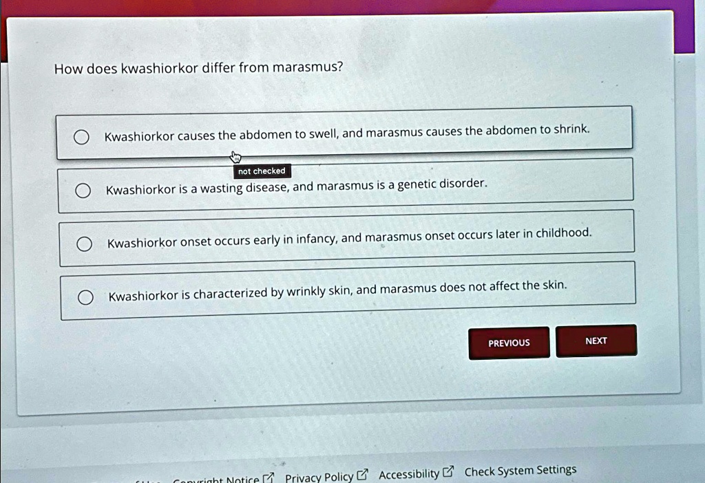 SOLVED: How does kwashiorkor differ from marasmus? Kwashiorkor causes ...