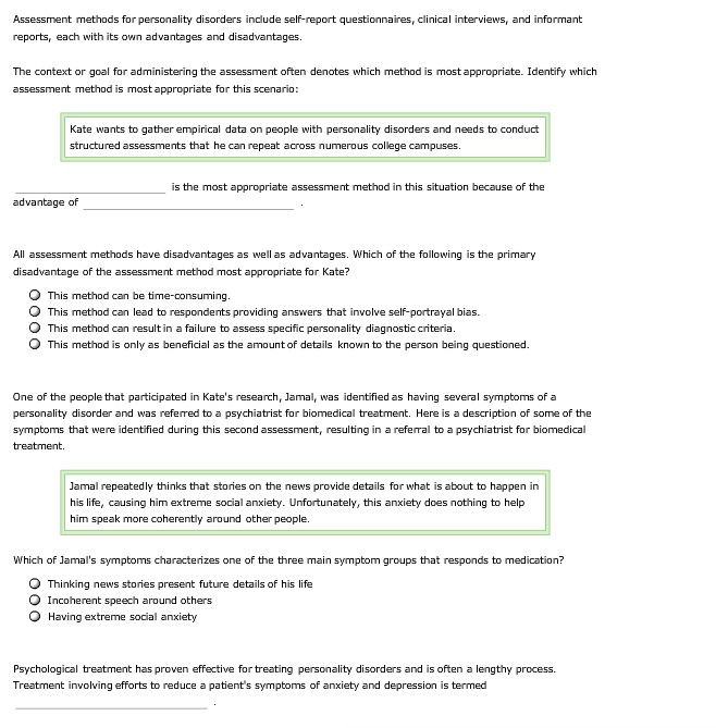 Assessment methods for personality disorders include self-report ...