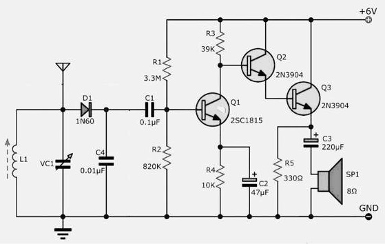 R1 3.3M R3 39K Q2 2N3904 D1 C1 Q1 1N60 0.1µF 2SC1815 Q3 2N3904 +6V R2 ...