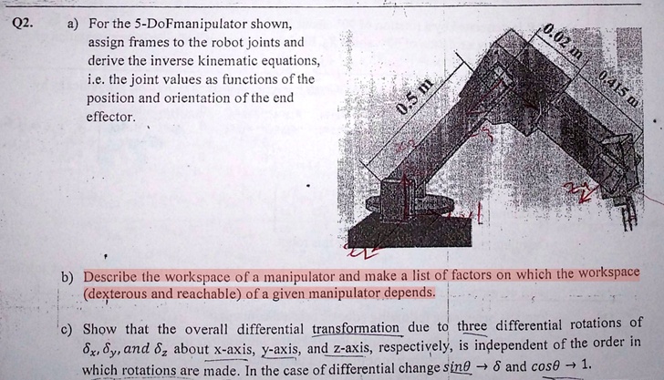 SOLVED: a) For the 5-DoF manipulator shown, assign frames to the robot joints and derive the ...