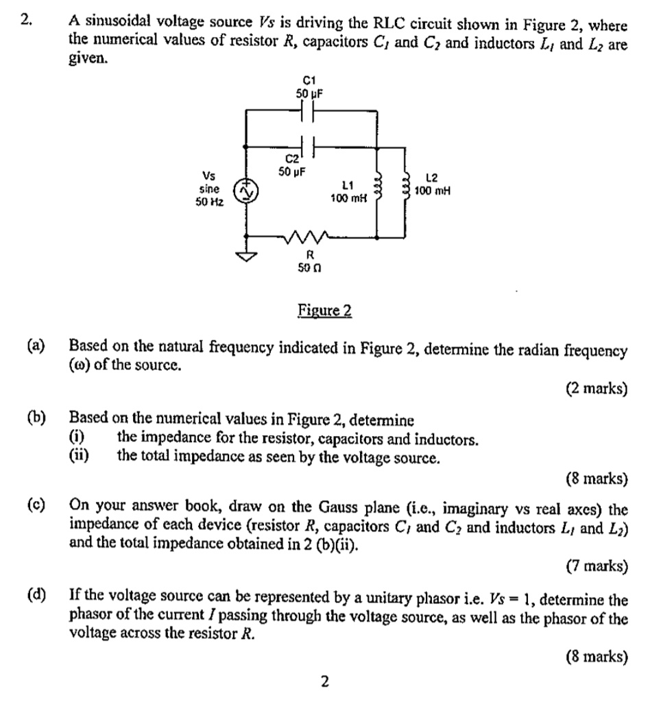 2. A sinusoidal voltage source Vs is driving the RLC circuit shown in Figure 2, where the ...