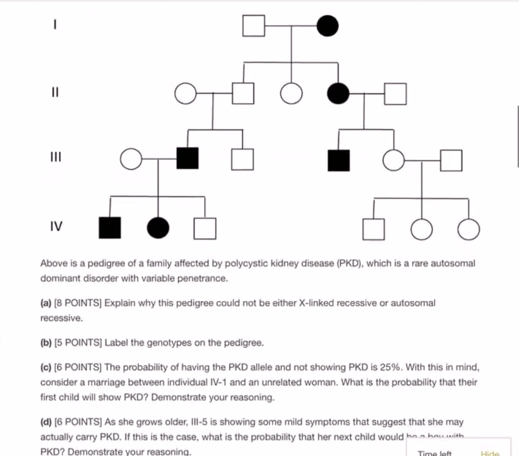 SOLVED: IV Above is a pedigree of a family affected by polycystic ...