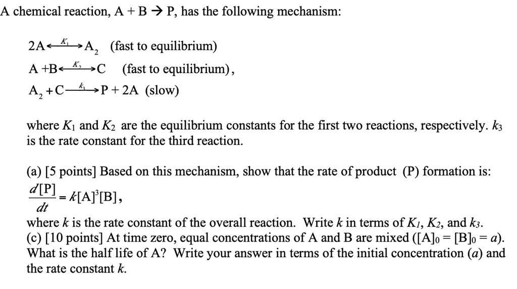SOLVED: A chemical reaction, A + B 7 P, has the following mechanism: 2A
