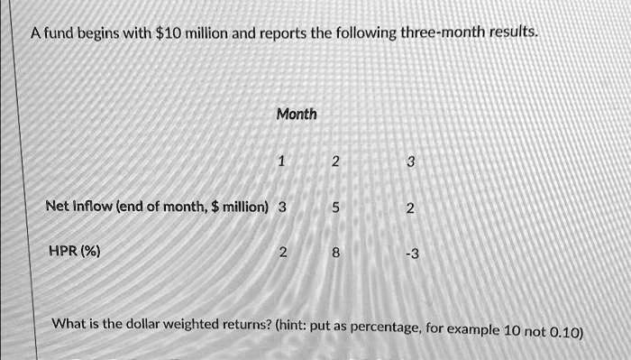 a fund begins with 10 million and reports the following three month ...