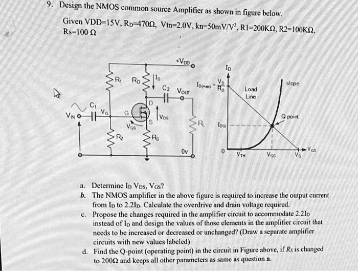 9. Design the NMOS common source Amplifier as shown in figure below. Given VDD=15V, RD=470?, Vtn ...