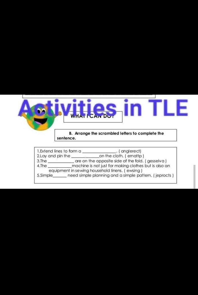 Activities in TLE B. Arrange the scrambled letters to complete the ...