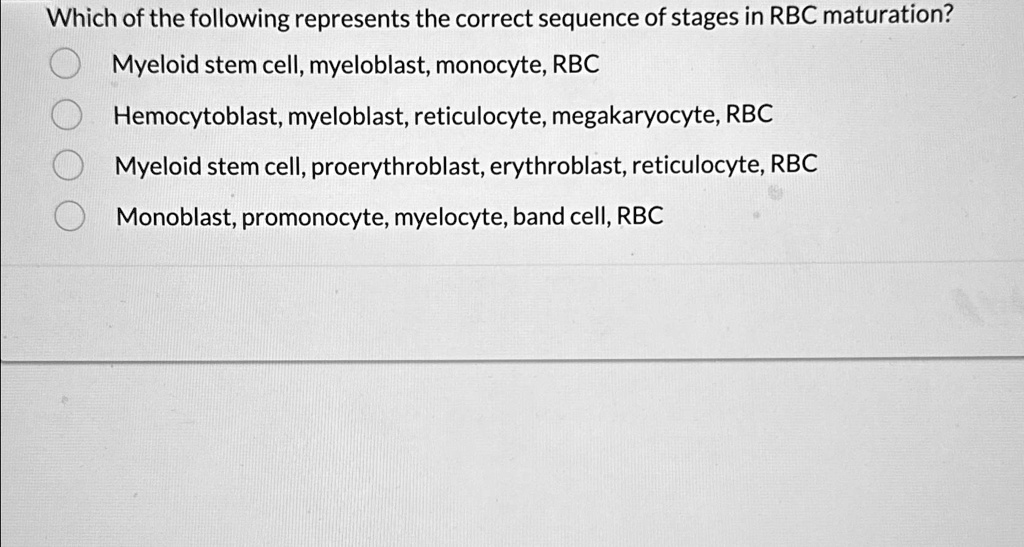 Which of the following represents the correct sequence of stages in RBC ...