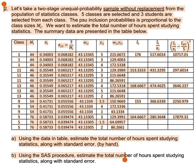 SOLVED: Let's take a two-stage unequal-probability sample without replacement from the ...