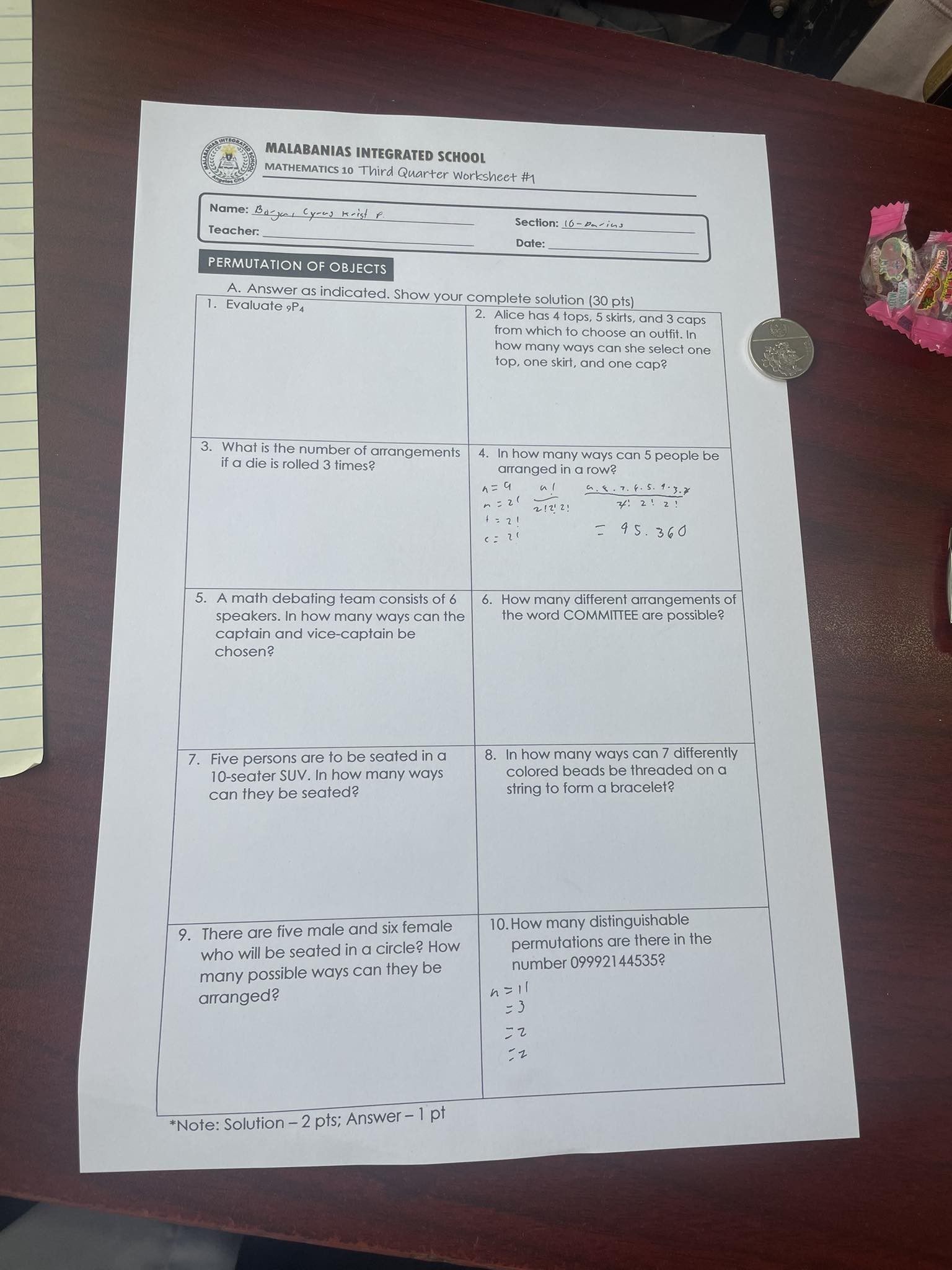 MALABANIAS INTEGRATED SCHOOL MATHEMATICS 10 Third Quarter Worksheet #1 ...