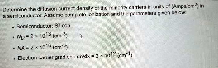 SOLVED: Determine the diffusion current density of the minority carriers in units of (Amps/cm2 ...