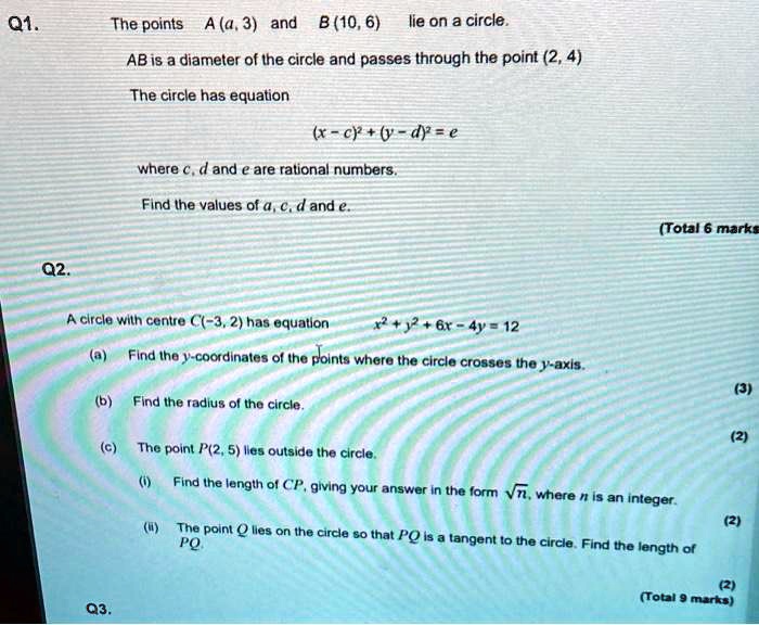 SOLVED: Q1. The points A(3,3) and B(10,6) lie on a circle. AB is a ...