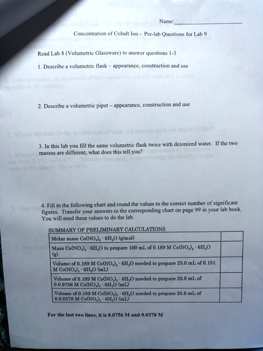 SOLVED: Name: Concentration of Cobalt Ion Pre-lab Questions for Lab ...