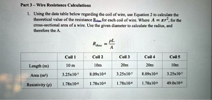Part 3 - Wire Resistance Calculations 1. Using the data table below ...