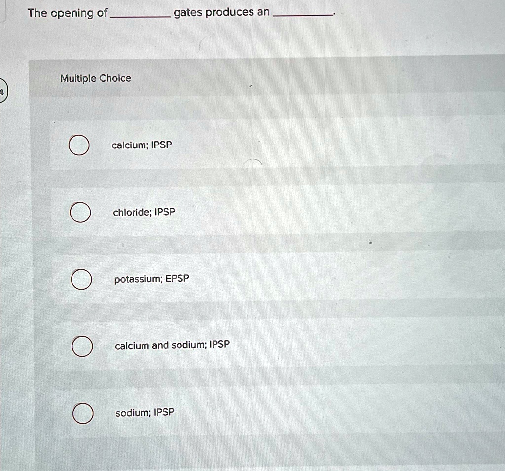SOLVED: The opening of gates produces an Multiple Choice calcium; IPSP ...