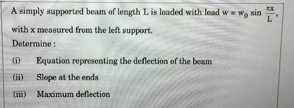 A simply supported beam of length L is loaded with load w = w0 sin(π x ...