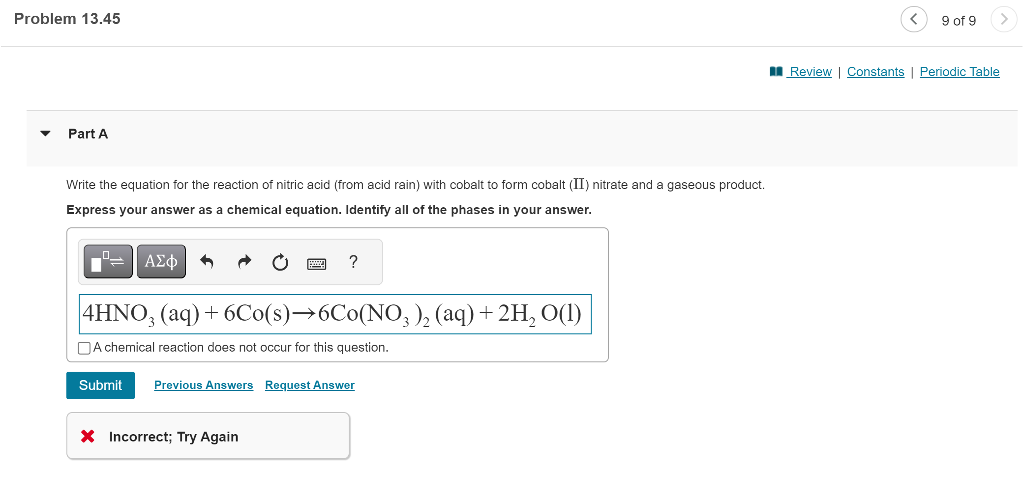 Problem 13.45 9 of 9 Review Constants Periodic Table Part A Write the ...