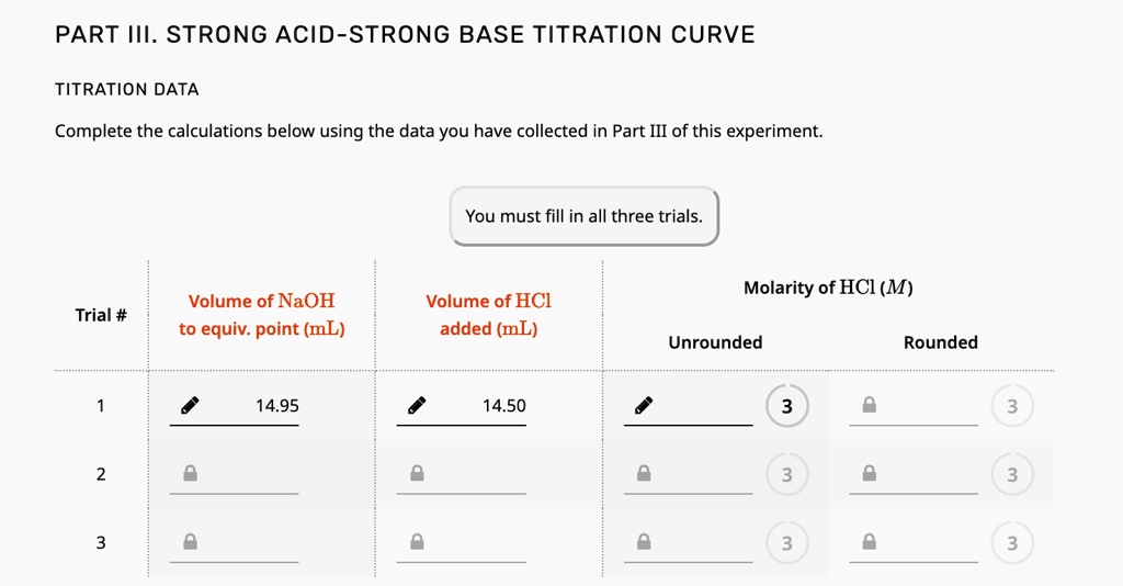 PART III. STRONG ACID-STRONG BASE TITRATION CURVE TITRATION DATA Complete the calculations below ...