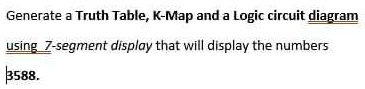 SOLVED: Generate a Truth Table, K-Map, and a Logic circuit diagram using a 7-segment display ...