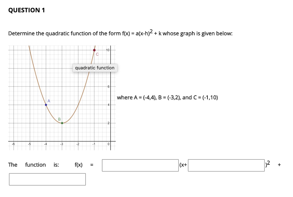 SOLVED: QUESTION 1 Determine the quadratic function of the form f(x) = a(x-h)? + k whose graph ...