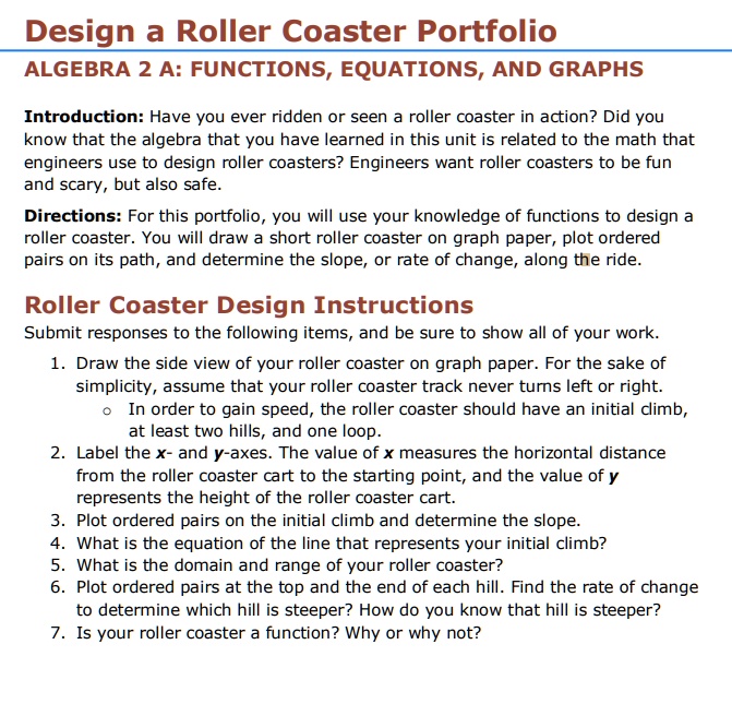 Design a Roller Coaster Portfolio ALGEBRA 2 A: FUNCTIONS, EQUATIONS ...