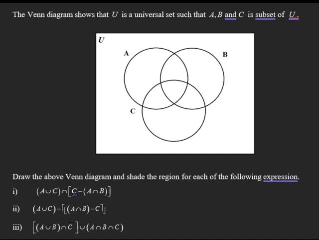 SOLVED: The Venn diagram shows that U is a universal set such that A, B ...