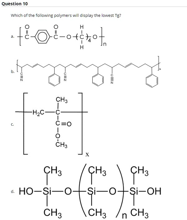 SOLVED: Which of the following polymers will display the lowest Tg ...