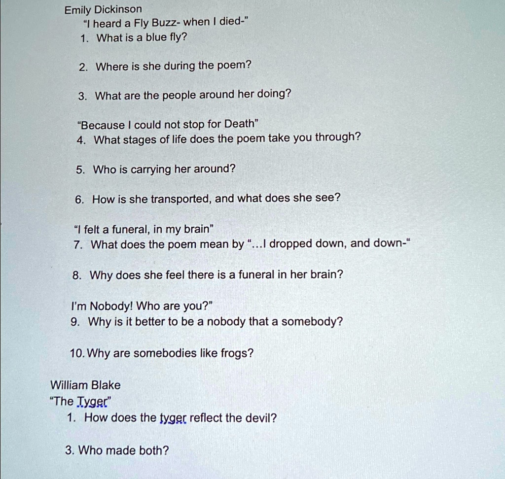 Emily Dickinson "I heard a Fly Buzz- when I died-" 1. What is a blue ...