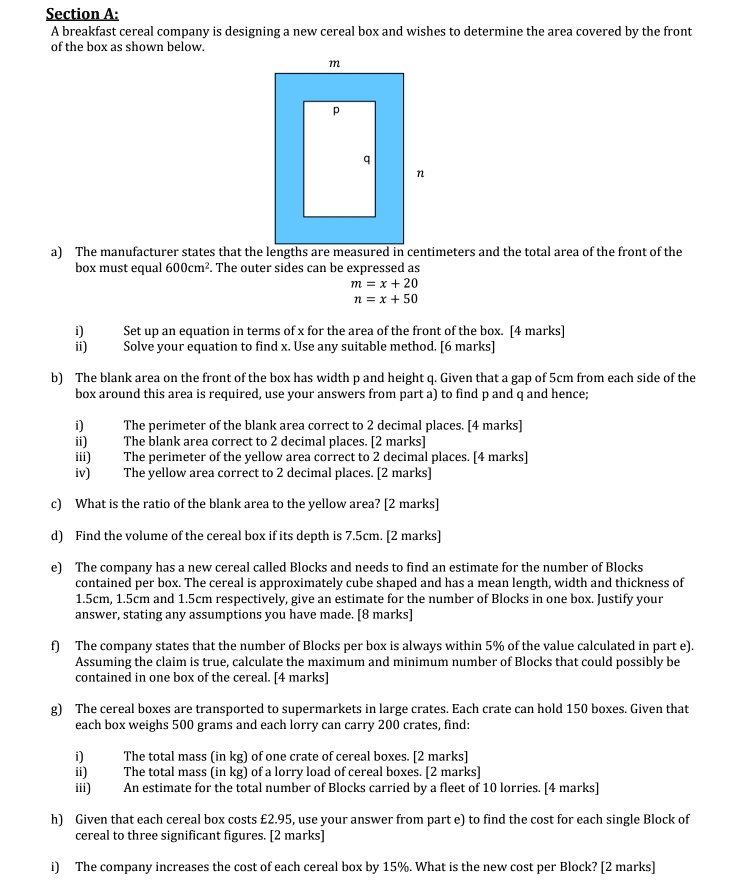 SOLVED: SectionA: A breakfast cereal company is designing new cereal ...