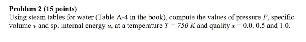 SOLVED: Problem 2 (15 points) Using steam tables for water (Table A-4 in the book), compute the ...