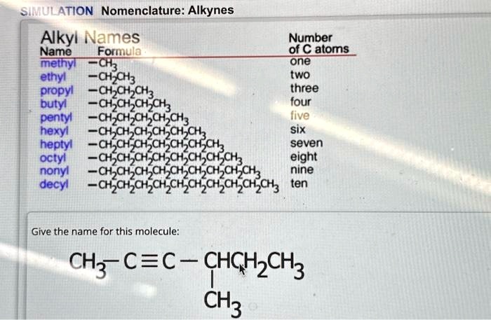 SOLVED: Simulation Nomenclature: Alkynes Alkyl Names Name Formula ... SOLVED: Simulation Nomenclature: Alkynes Alkyl Names Name Formula ...
