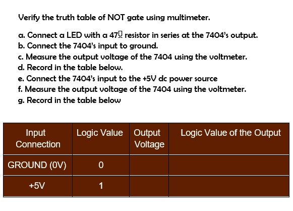 Verify the truth table of NOT gate using multimeter. a. Connect a LED ...
