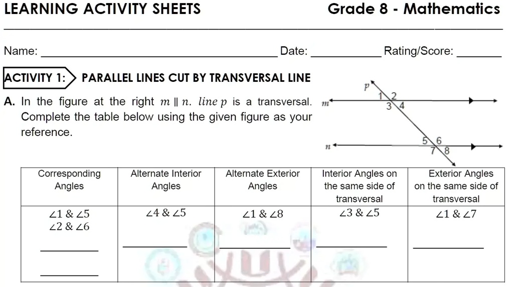 LEARNING ACTIVITY SHEETS Name: Date: ACTIVITY 1: PARALLEL LINES CUT BY ...