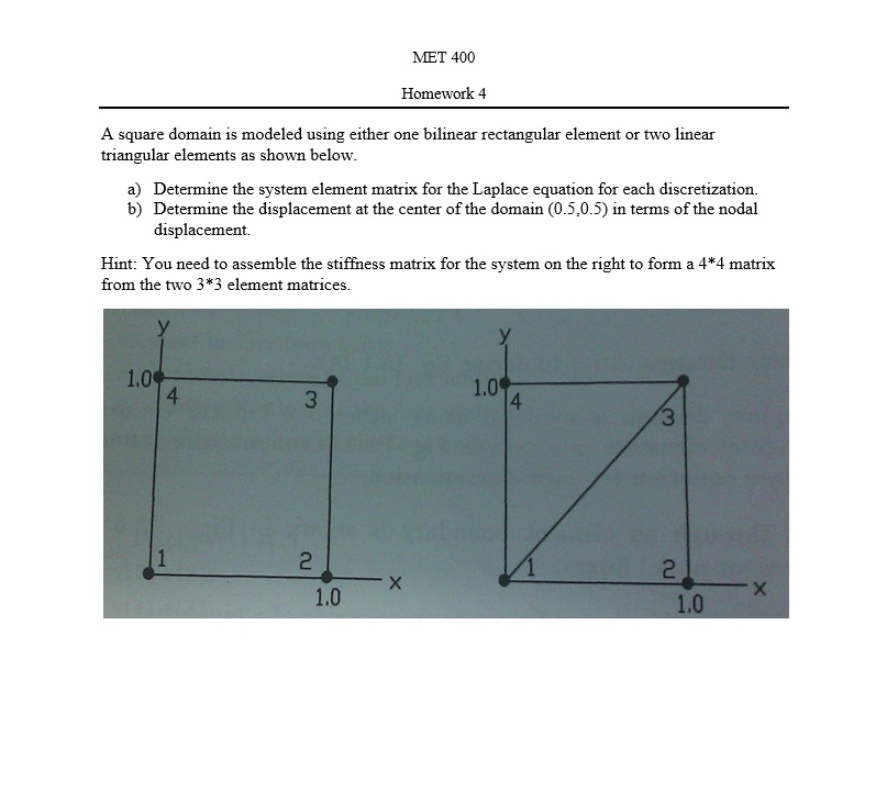 MET 400 Homework 4 A square domain is modeled using either one bilinear rectangular element or ...