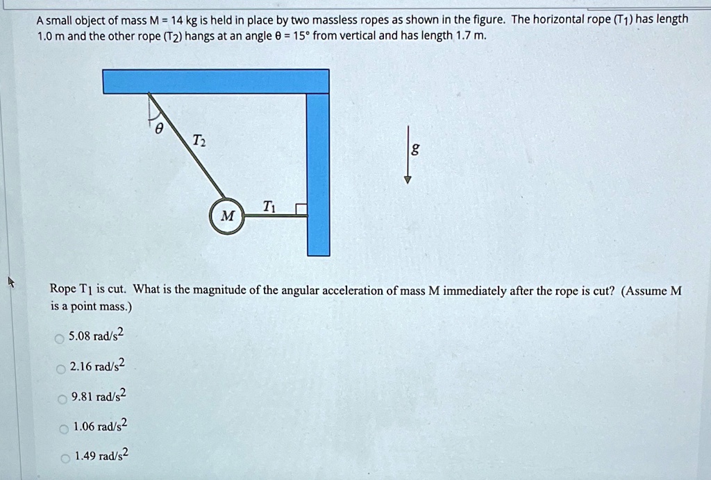 'A small object of mass M = 14 kg is held in place by two massless ...