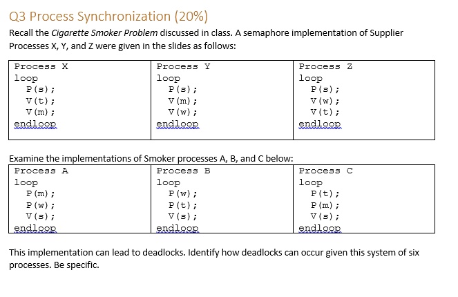 SOLVED: Q3 Process Synchronization (20% Recall the Cigarette Smoker ...