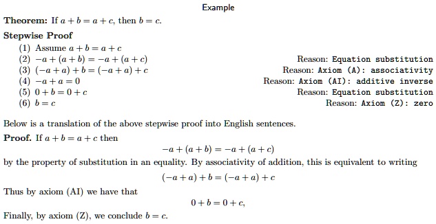 SOLVED: Example Theorem: If a + b = 0 + then Stepwise Proof Assume +6 = a +c -a + (a +6 ...