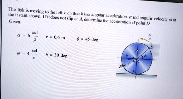 the disk is moving to the left such that it has angular acceleration alpha and angular velocity ...