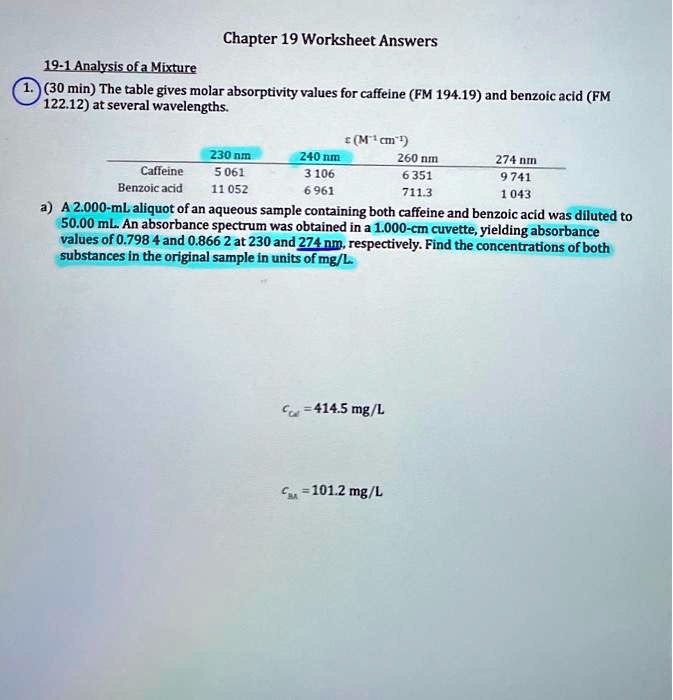 19-1 Analysis of a Mixture Chapter 19 Worksheet Answers 1. (30 min) The table gives molar ...