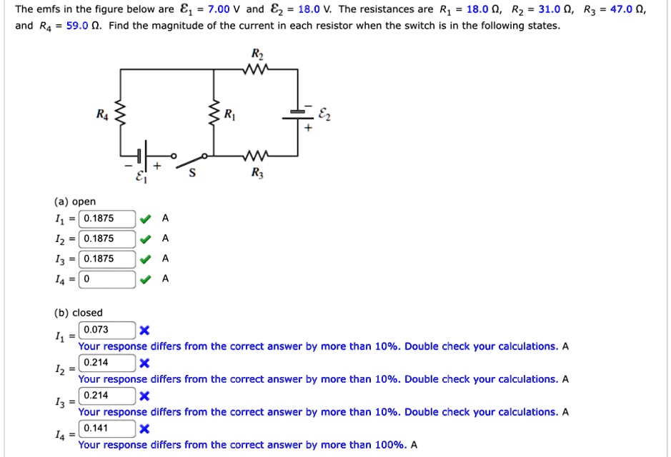 The emfs in the figure below are ℰ1 = 7.00 V and ℰ2 = 18.0 V. The ...